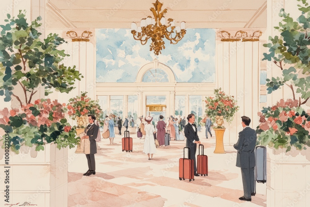 Watercolor painting of a grand hotel lobby with guests and luggage ...