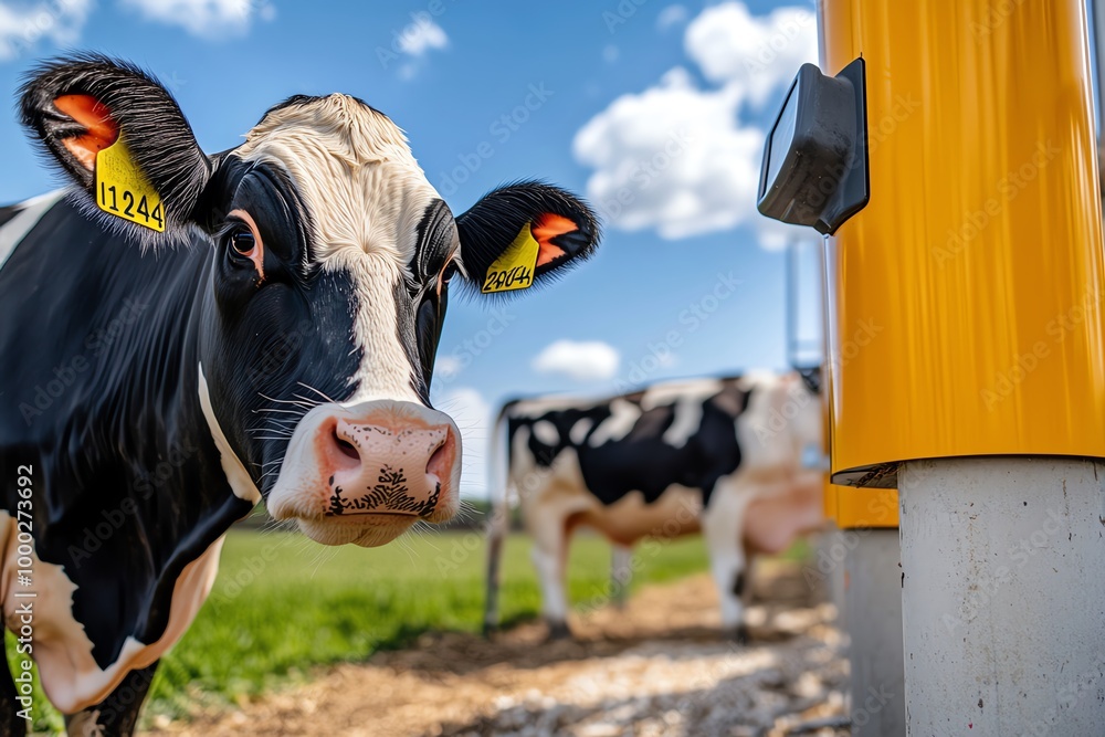 Dairy farm with cows in a milking station, modern equipment being used ...