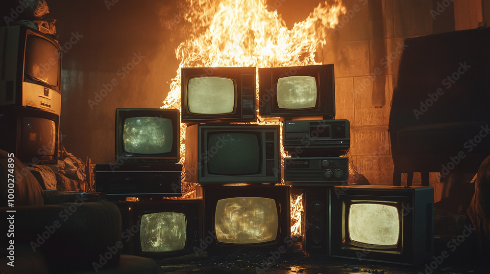 Foto de stack of old classic televisions in front of a fire, burned ...