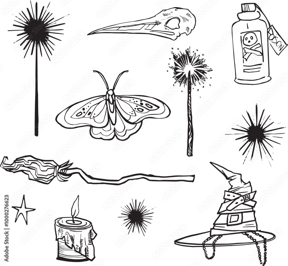 Line Set Witch item Halloween Clip art set Magic wand drawing bird ...