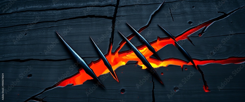 Jagged claw marks across dark stone revealing molten glow Stock ...