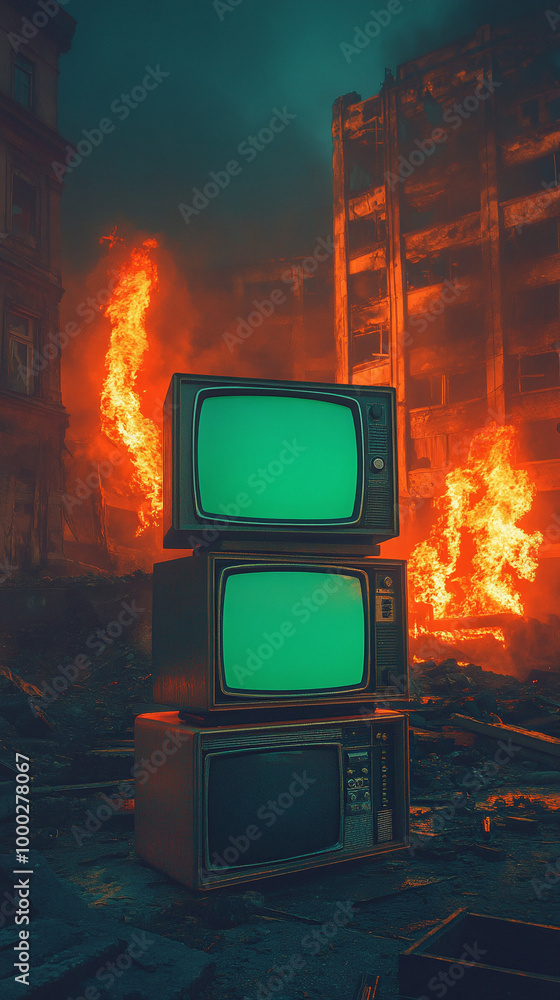 stack of old classic televisions in front of a fire, burned location ...
