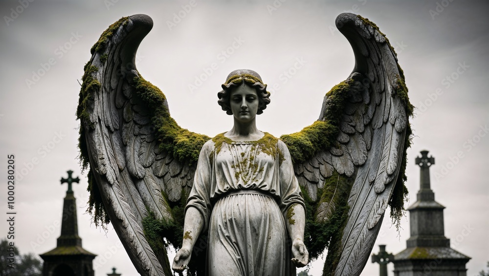 Cemetery Angel Statue with Moss-Covered Wings in a Graveyard Stock ...