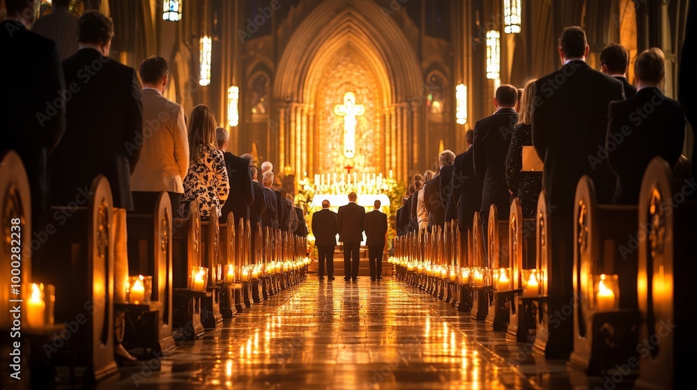 A traditional funeral ceremony in a dimly lit church, with mourners ...