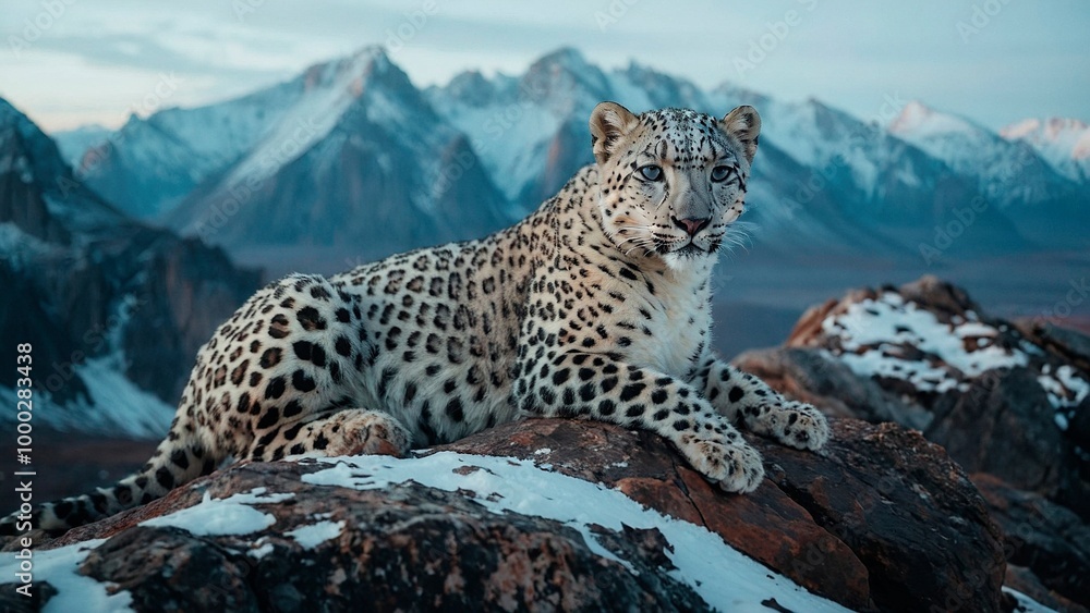 Close up portrait of a majestic snow leopard laying in a mountain with ...