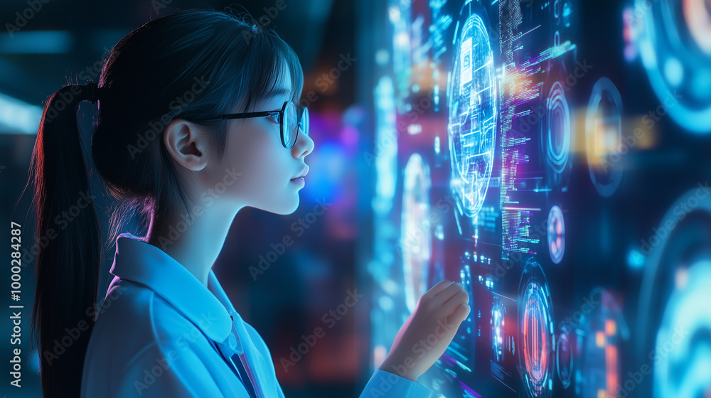 In a modern learning environment, a school student is seen in side ...