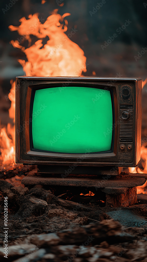 ภาพประกอบสต็อก vertical composition green screen tv in front of burned ...