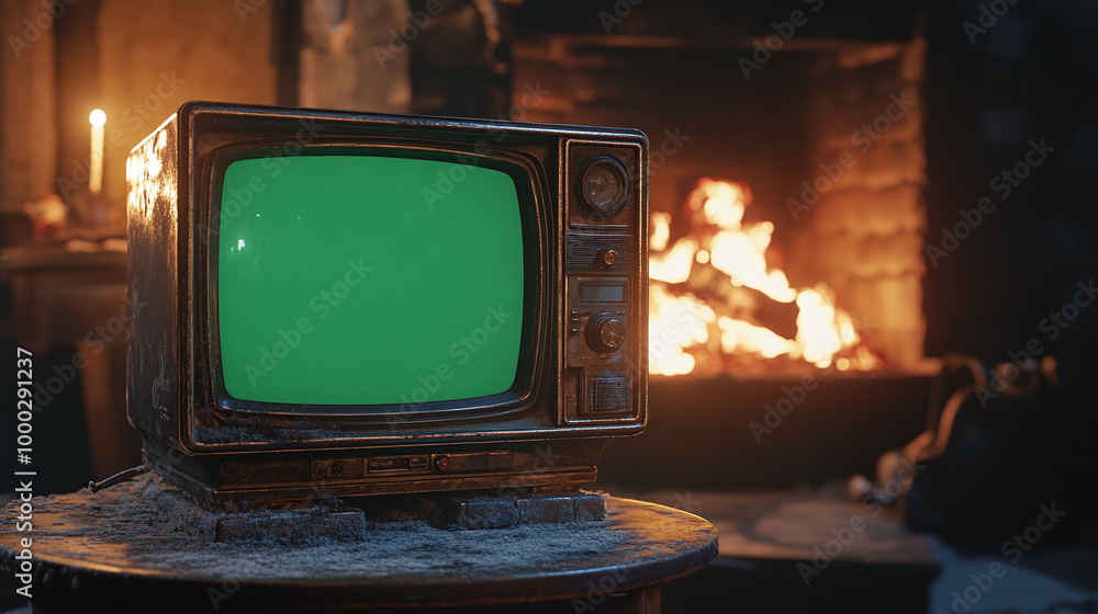 old classic television in front of a fire, burned location after the ...