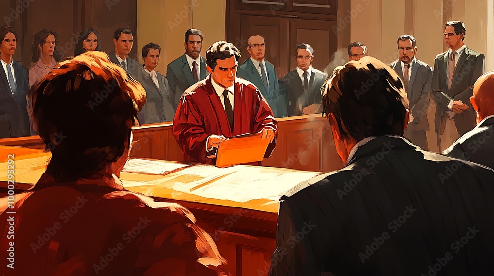 Courtroom scene with a lawyer arguing a case in front of a judge and ...