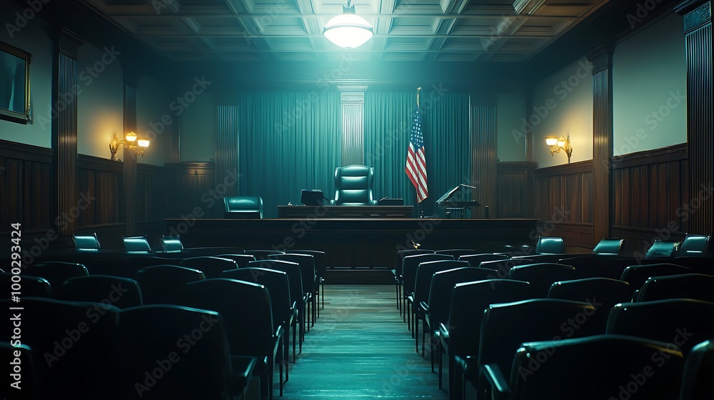 Courtroom setting with rows of empty chairs, a gavel on the judgeâ€™s ...