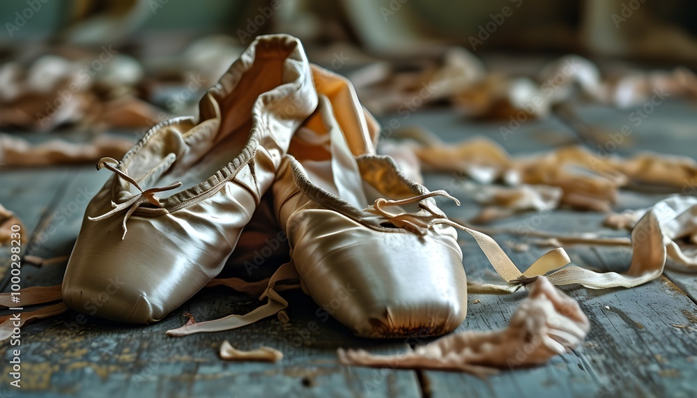 Detailed closeup of worn ballet shoes showcasing rich textures in a ...