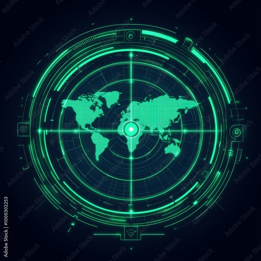 Global Surveillance technology and Monitoring Concept, digital high-tech radar screen with a ...