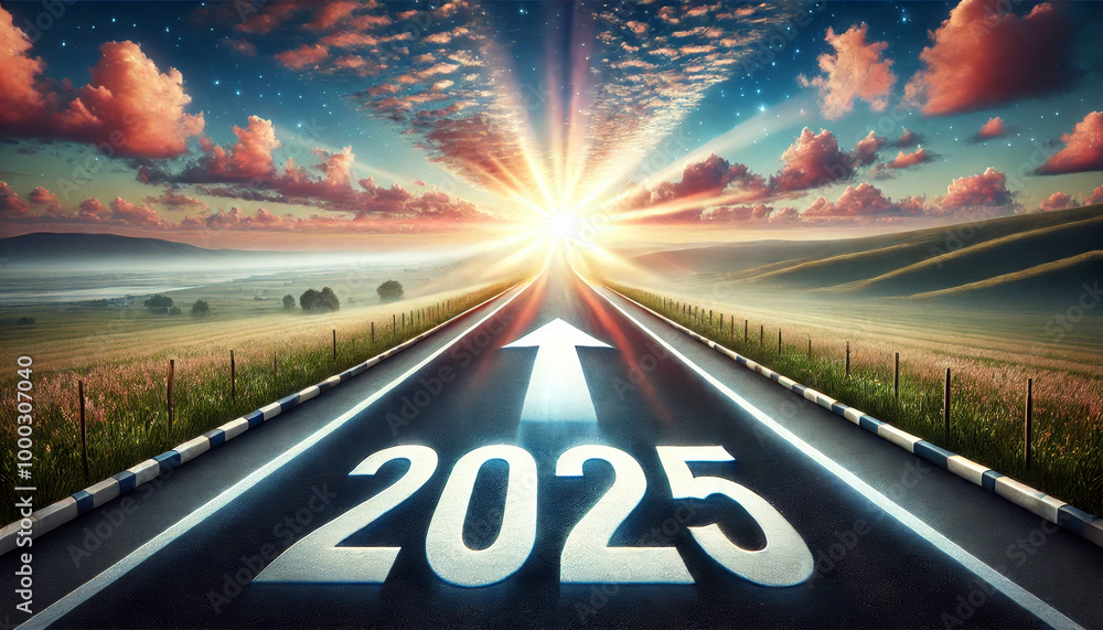 A road stretches into the horizon under a vibrant sky with the number ...