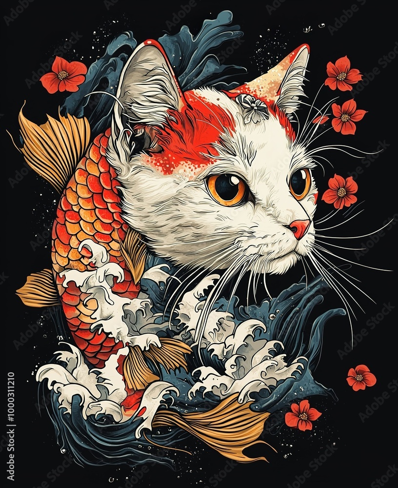 T-shirt design: Cool Koi Cat with Japanese Tattoo Style, on a black ...