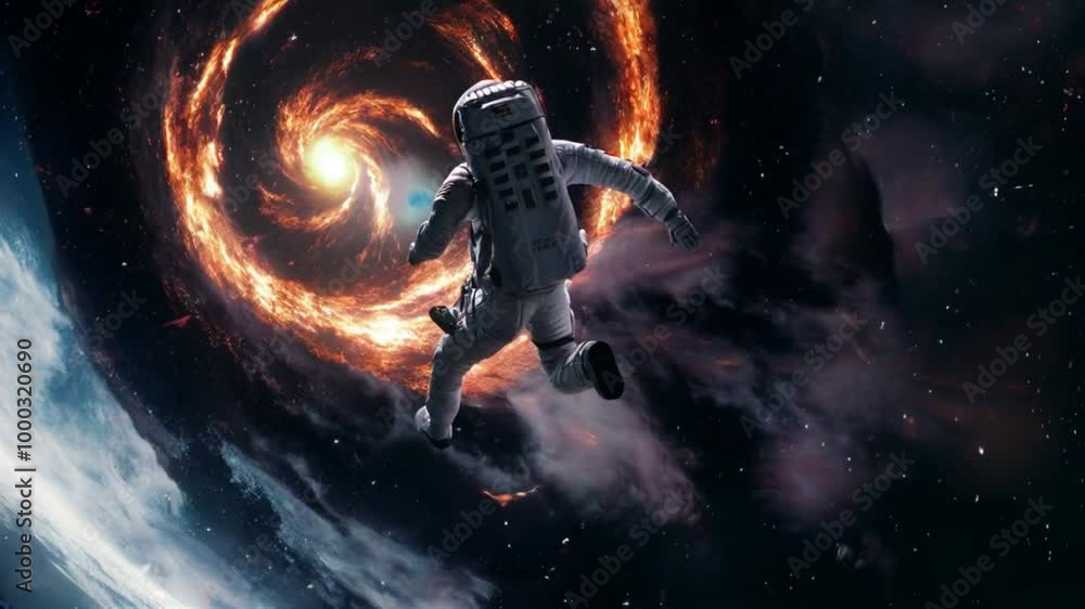 An astronaut drifting toward a swirling black hole, illuminated by ...