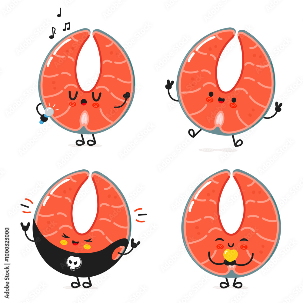 Funny Red fish salmon characters bundle set. Vector hand drawn doodle ...