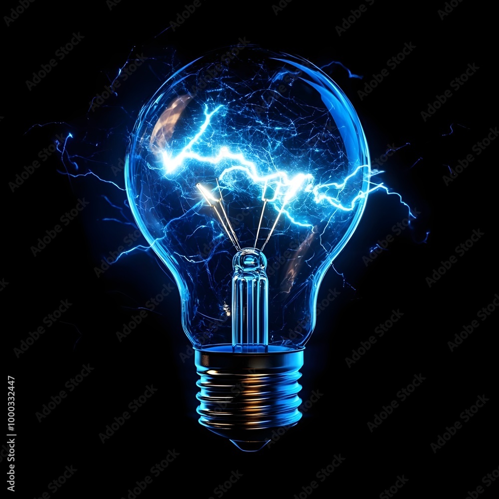 Bright blue light bulb with a lightning bolt, illustrating static ...