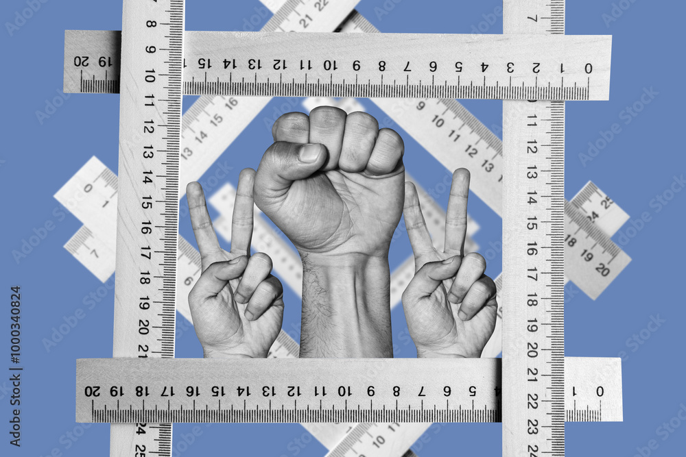 Collage with a male hand showing victory sign and hand with fist in ...