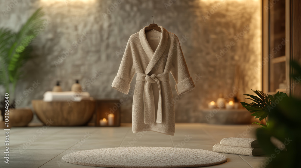 Depict a plush, high-end bathrobe hanging in a spa environment.Include ...