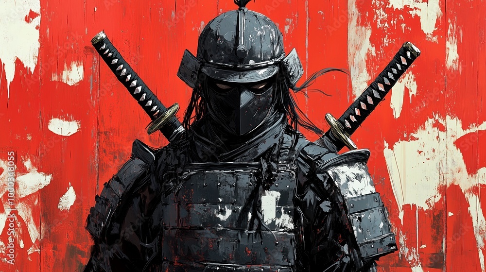 Dynamic action scene of a mysterious samurai in full armor, holding two ...