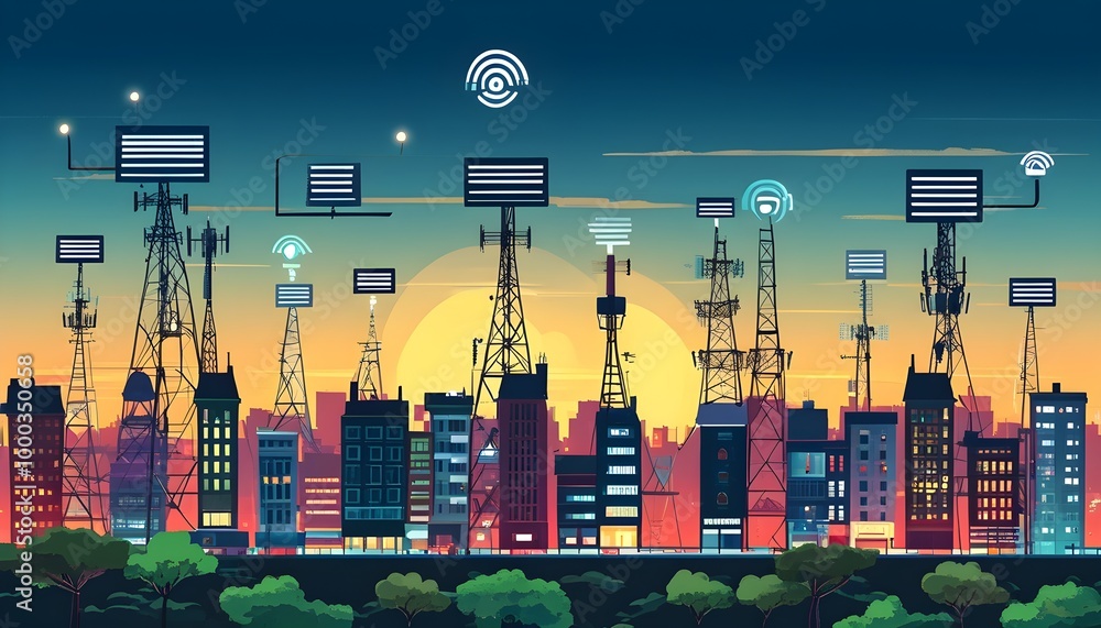 Urban Cityscape Featuring Seamless 5G Network Connectivity with Signal ...