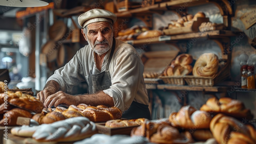 A dedicated middle-aged French male baker works passionately in a ...