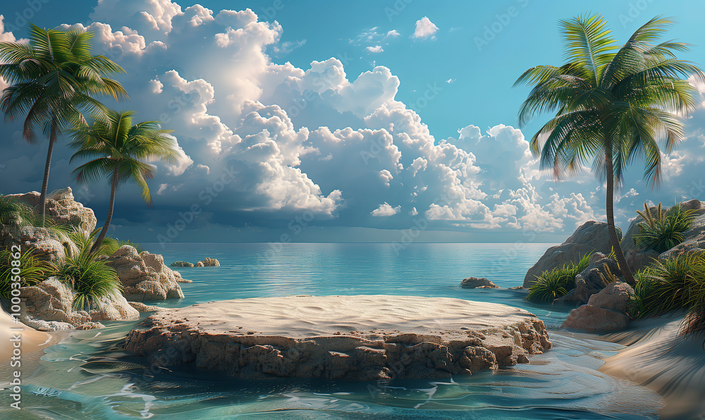 Cylindrical clay island for product presentation with palm trees and ...