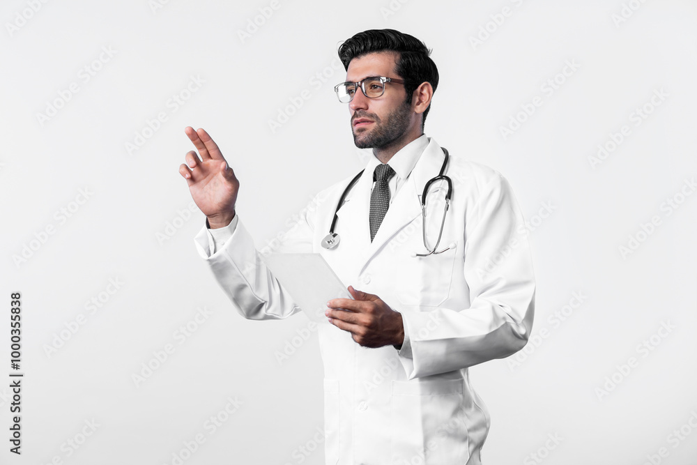 Caucasian smart doctor pointing finger while standing at white ...