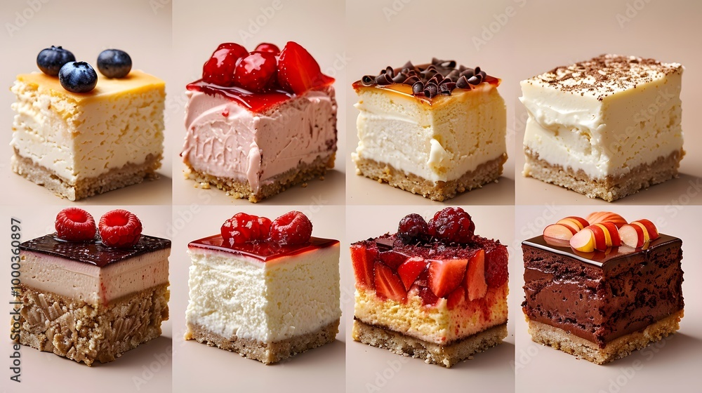 Eight slices of cheesecake with different toppings on beige background ...
