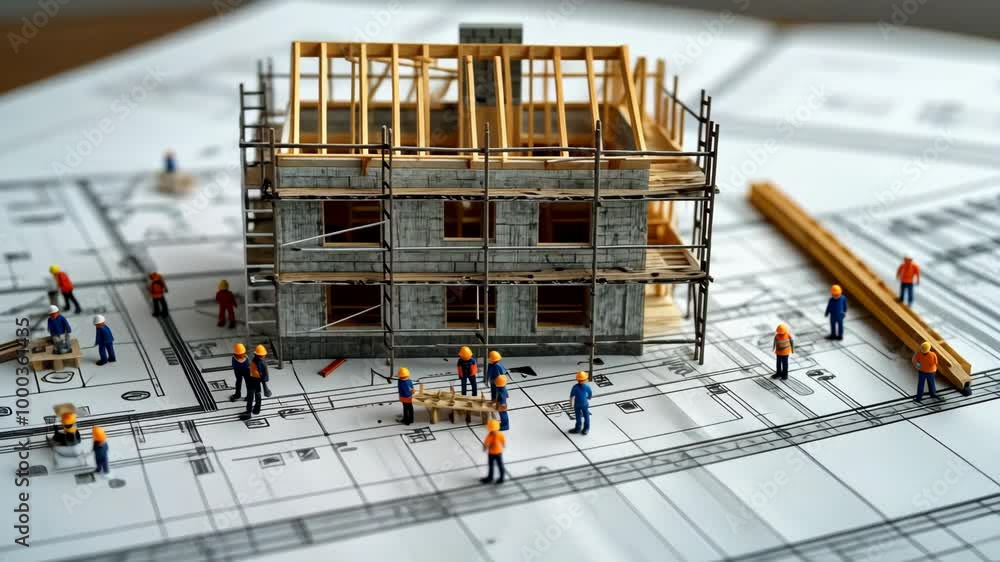 A small construction crew assembles a detailed building model while ...