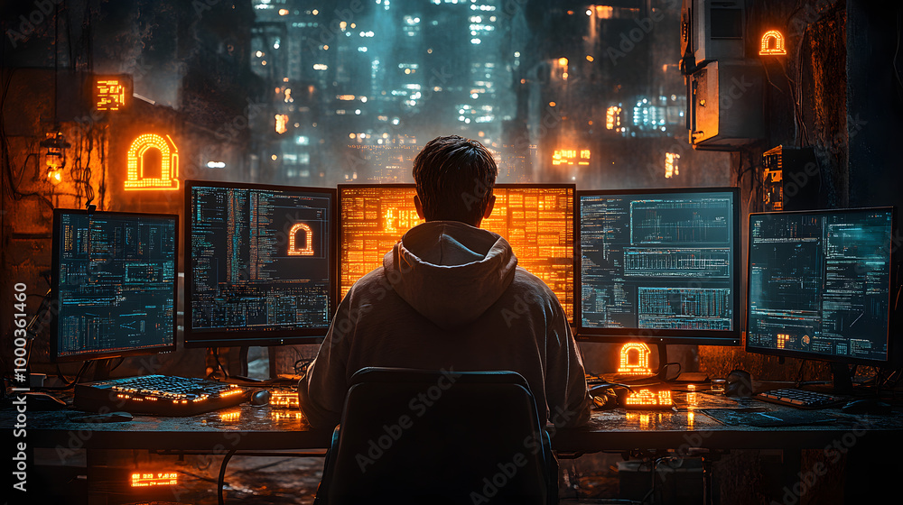 Cybersecurity Vigil: A Lone Hacker in a Hooded Silhouette Monitoring ...