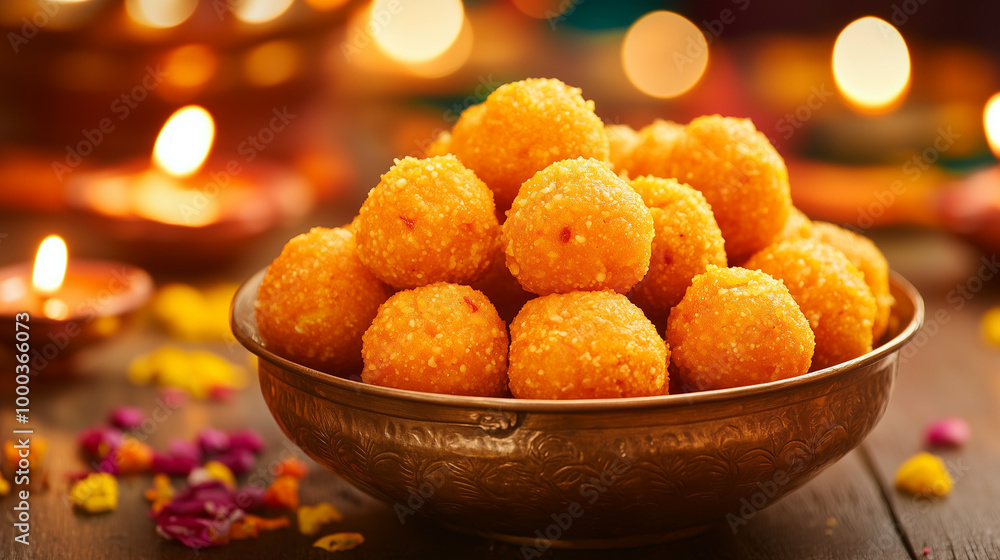 Golden Bowl of Laddus for Diwali and Karwachauth celebration, Motichur Laddu Stock Illustration ...