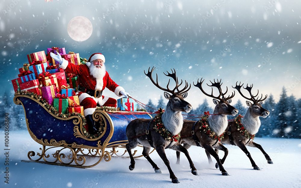 Fotografia Santa Claus who runs in a sleigh loaded with gifts and ...