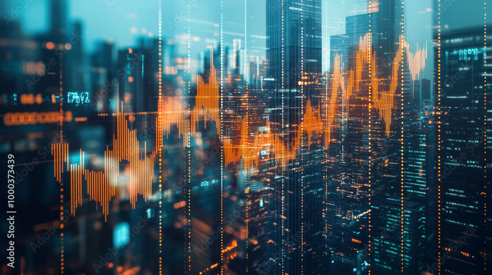 Stock market data overlaid on a city skyline, depicting the bustling ...