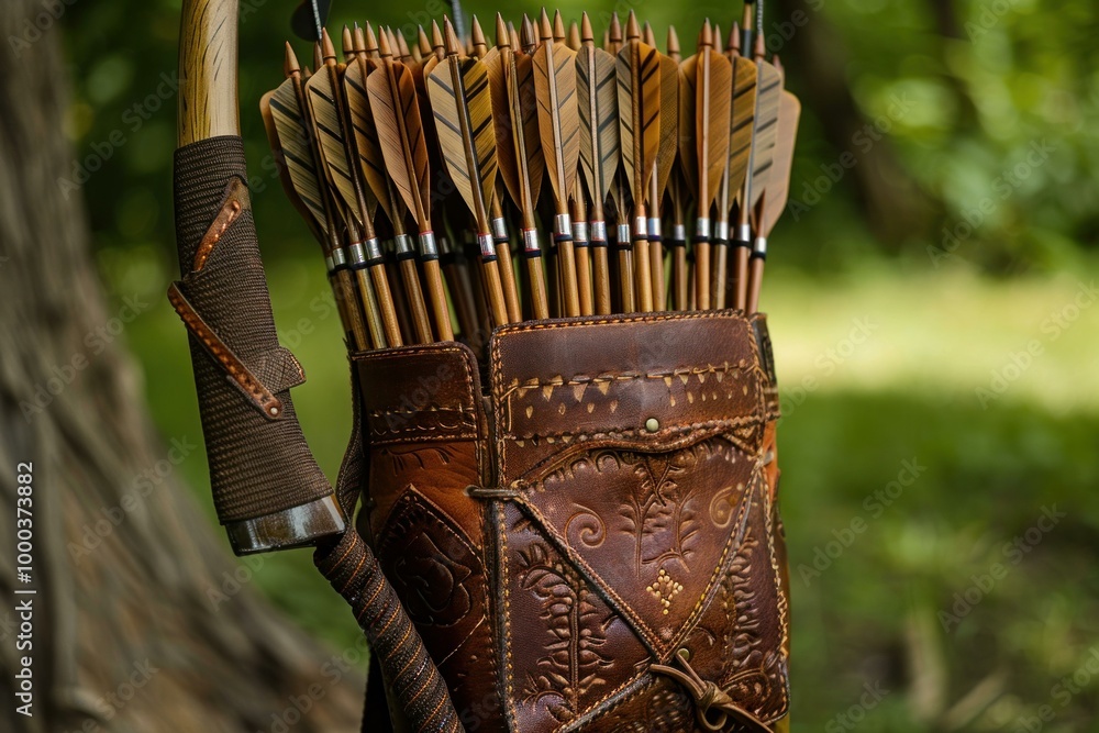 Leather quiver holding arrows is hanging on a tree with a bow in a ...