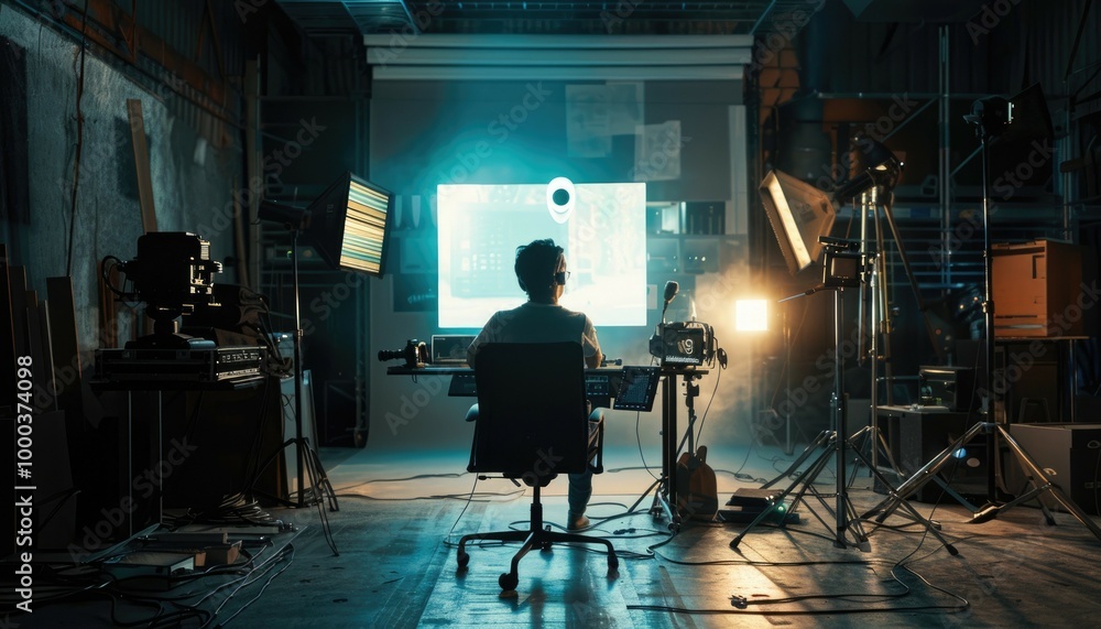 A filmmaker sits in a dimly lit studio, editing a movie on a large ...