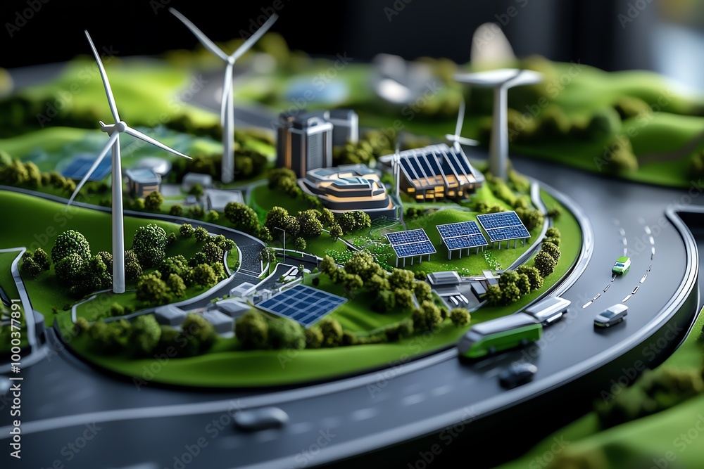 3D digital map of a sustainable city, with wind turbines, solar panels ...