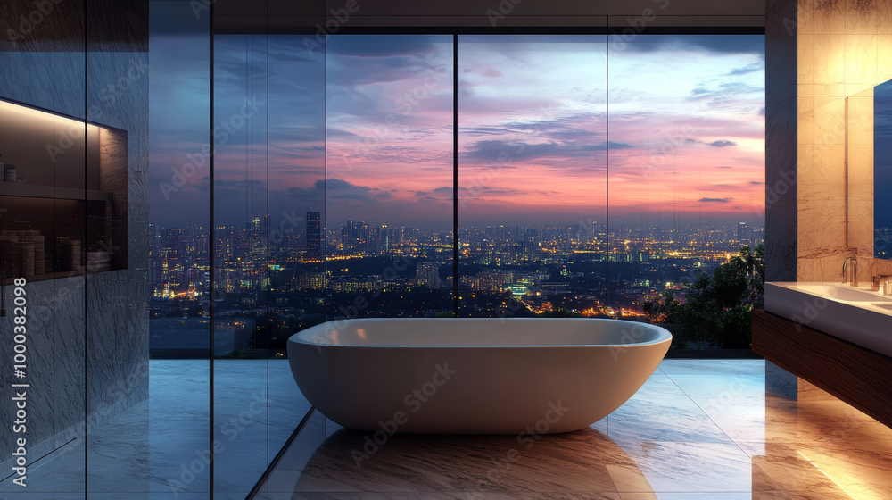 Show a bath tub positioned to offer a stunning view through large ...