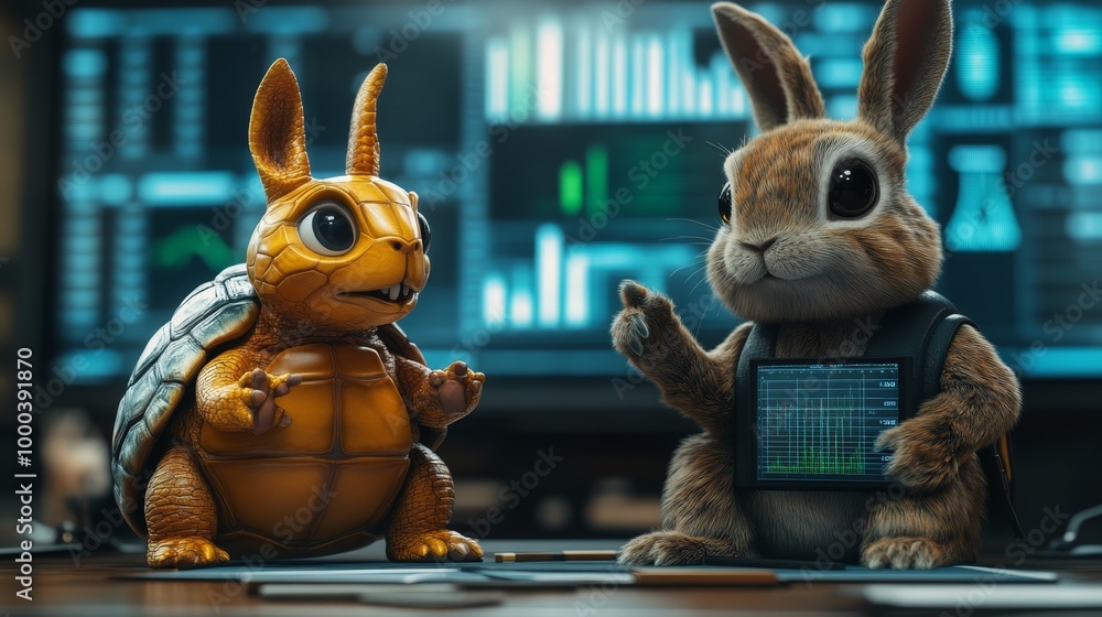 A 3D animal cartoon turtle and rabbit negotiating financial analysis ...