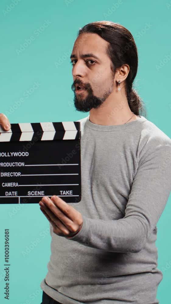 Vertical video Movie director using clapper to signal actors beginning ...