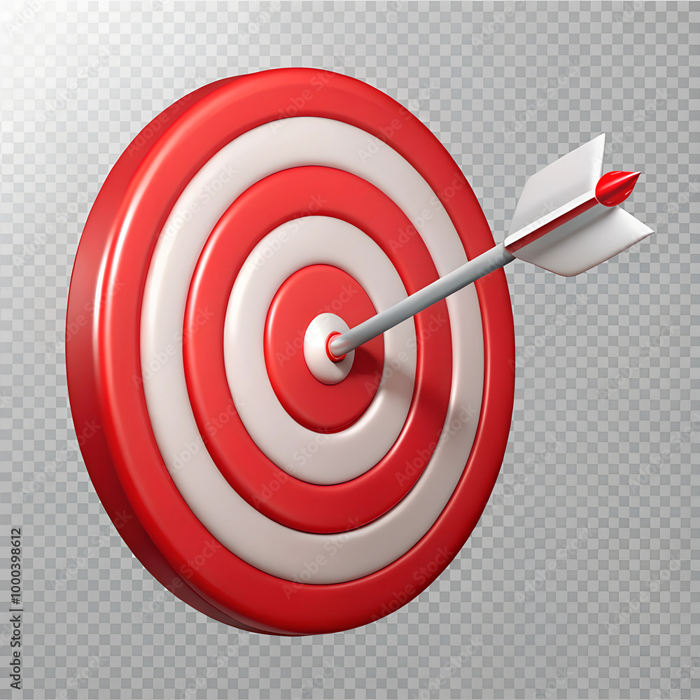 3D white arrow hitting the center of a red target icon on transparent ...