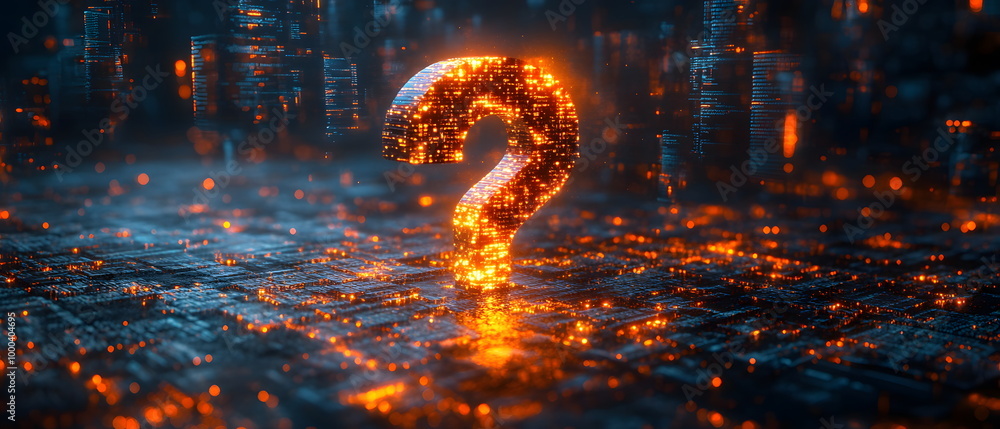 3D digital question mark made of glowing connected circuits on a bright ...