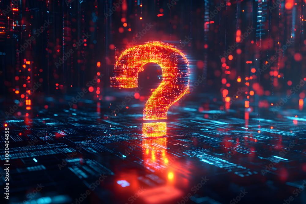 3D digital question mark made of glowing connected circuits on a bright ...