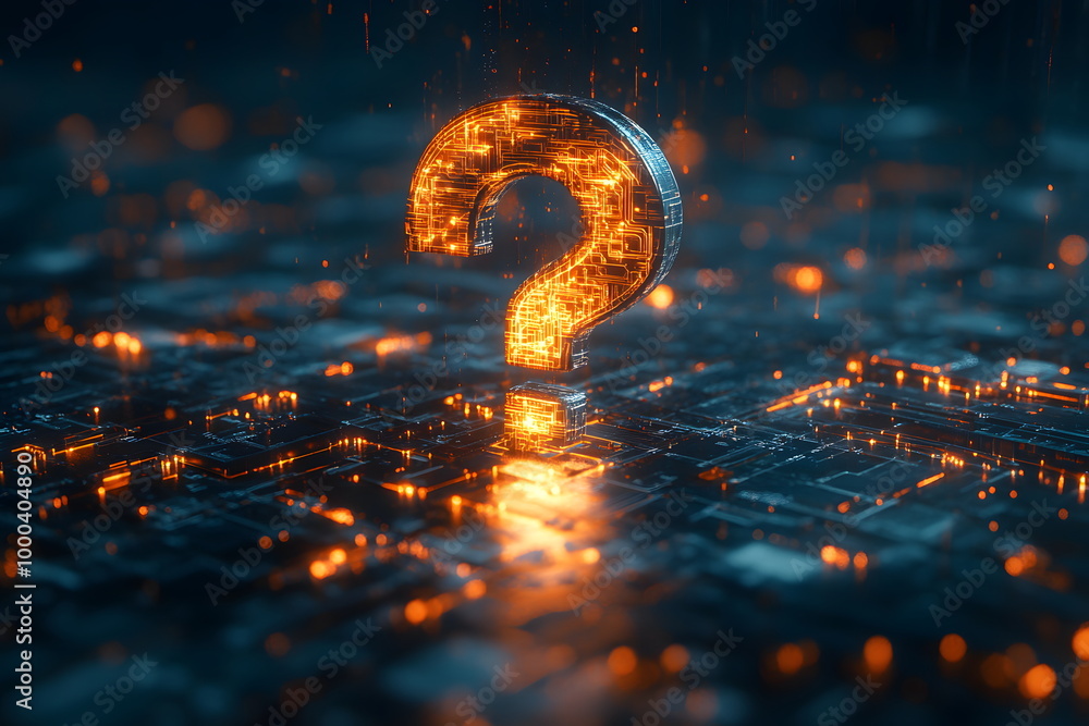 3D digital question mark made of glowing connected circuits on a bright ...