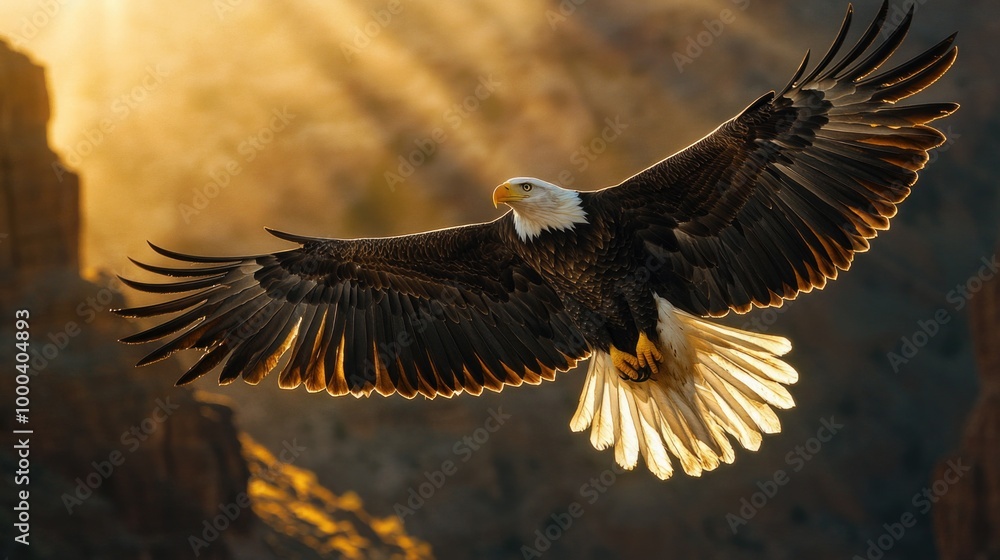 Bald Eagle Soaring High Over a Grand Canyon at Sunset, Capturing the ...