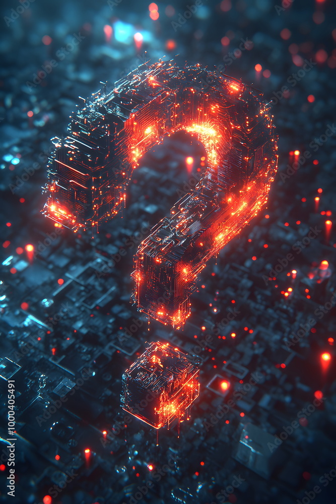 3D digital question mark made of glowing connected circuits on a bright ...