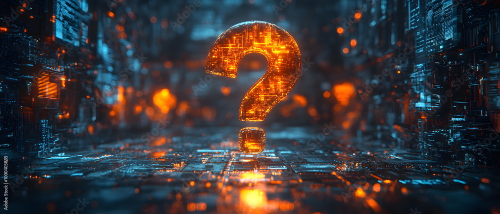3D digital question mark made of glowing connected circuits on a bright ...