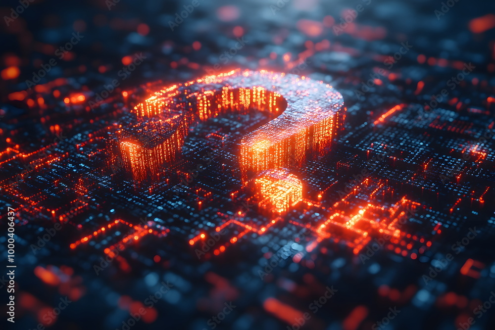 3D digital question mark made of glowing connected circuits on a bright ...