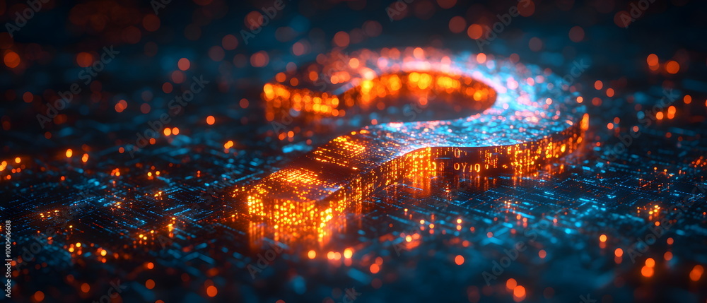 3D digital question mark made of glowing connected circuits on a bright ...