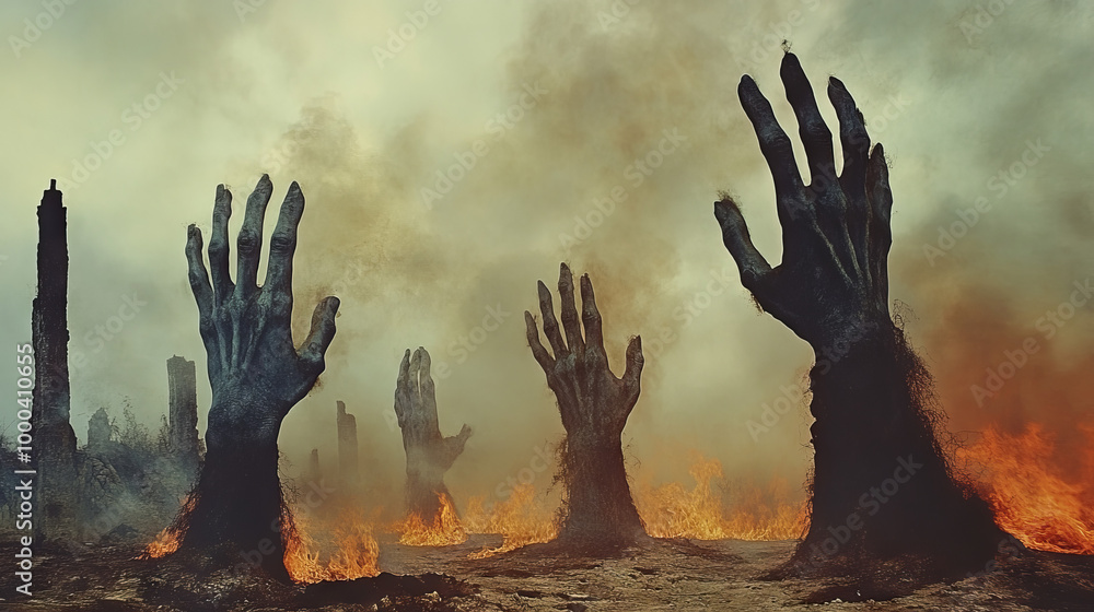 Eerie skeletal hands reach from the flames, a haunting scene of ...
